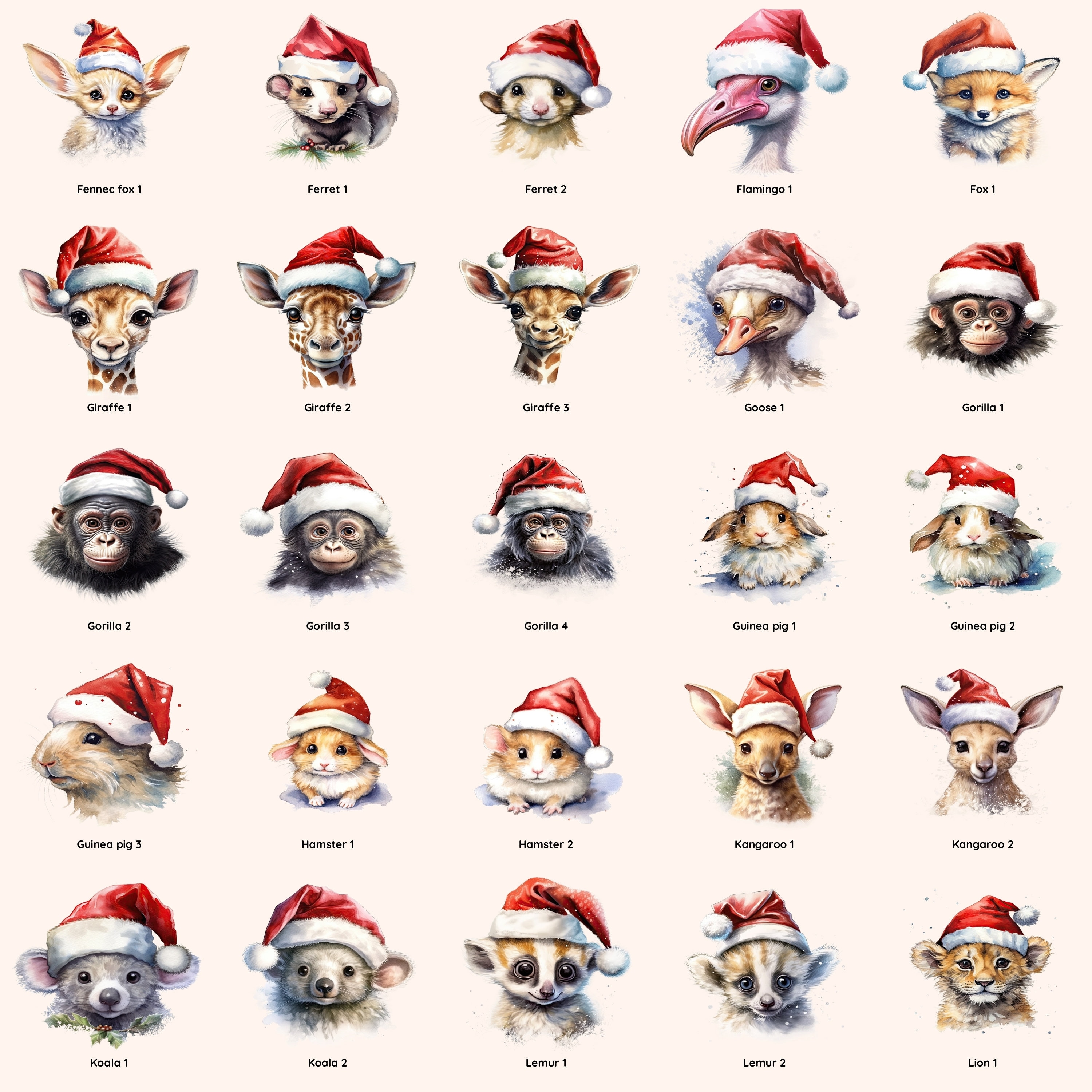 Animals With Santa Hats, Christmas Clipart Bundle, Transparent PNG, JPG ...
