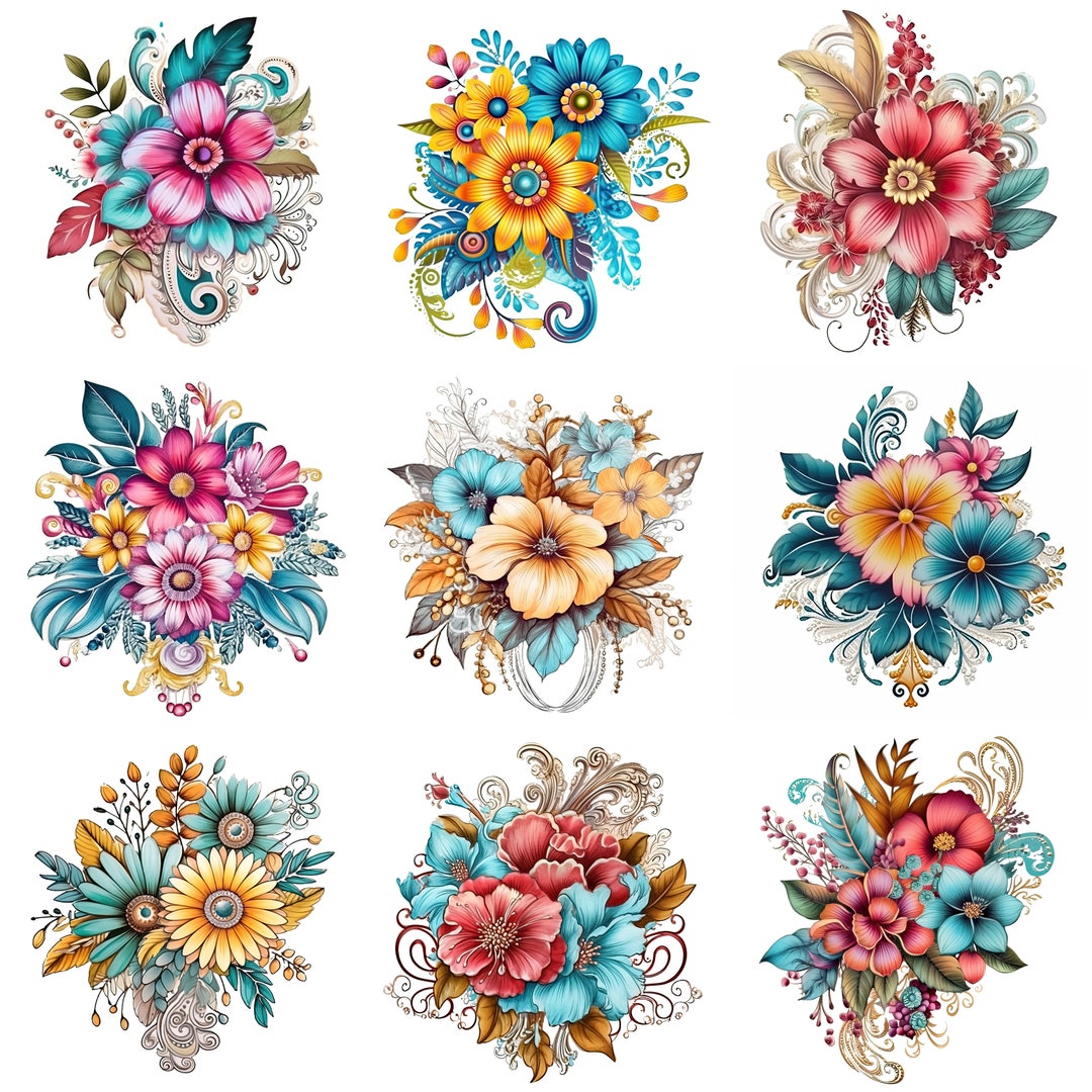 Boho Flowers Clipart Bundle, 15 High Quality PNG Images, Transparent ...