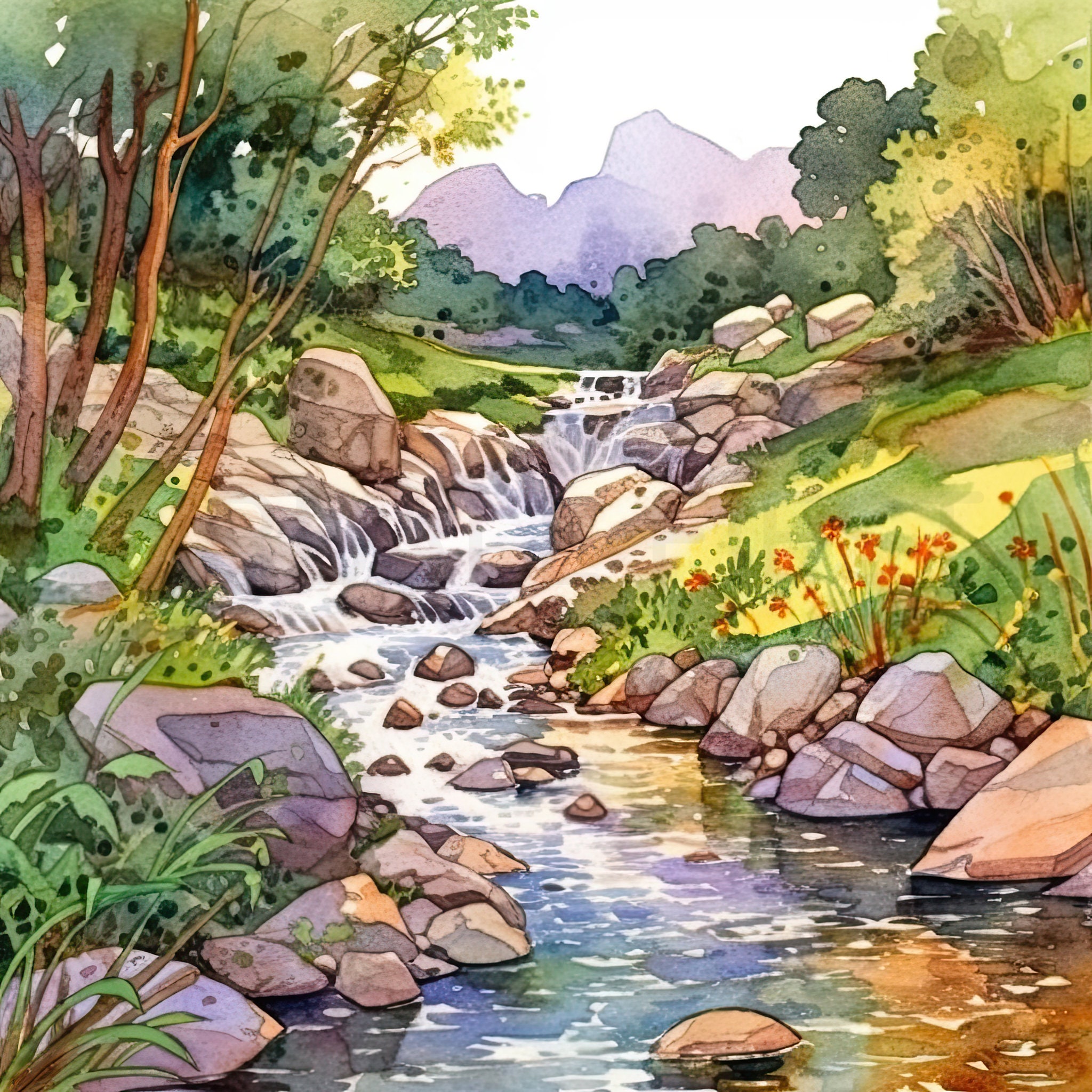 Mountain Brook Clipart, 11 High Quality Jpgs, Printable Watercolor Wall ...