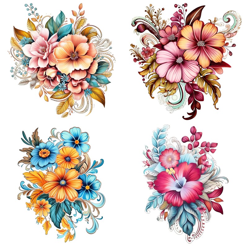 Boho Flowers Clipart Bundle, 15 High Quality PNG Images, Transparent ...