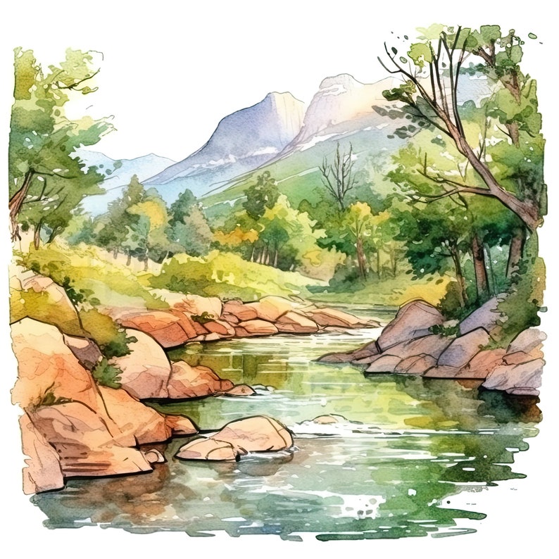 Mountain Brook Clipart, 11 High Quality Jpgs, Printable Watercolor Wall ...