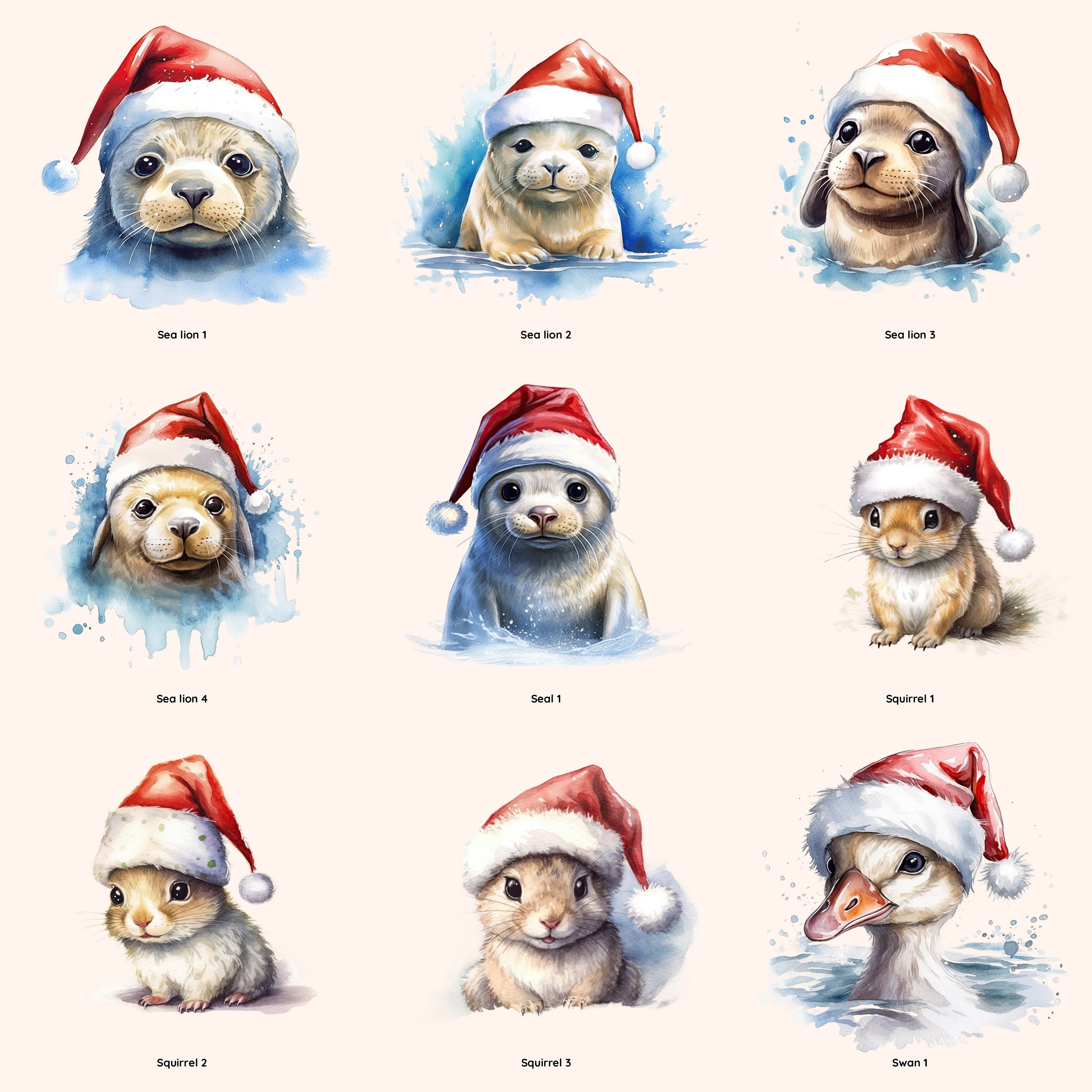 Animals With Santa Hats, Christmas Clipart Bundle, Transparent PNG, JPG ...