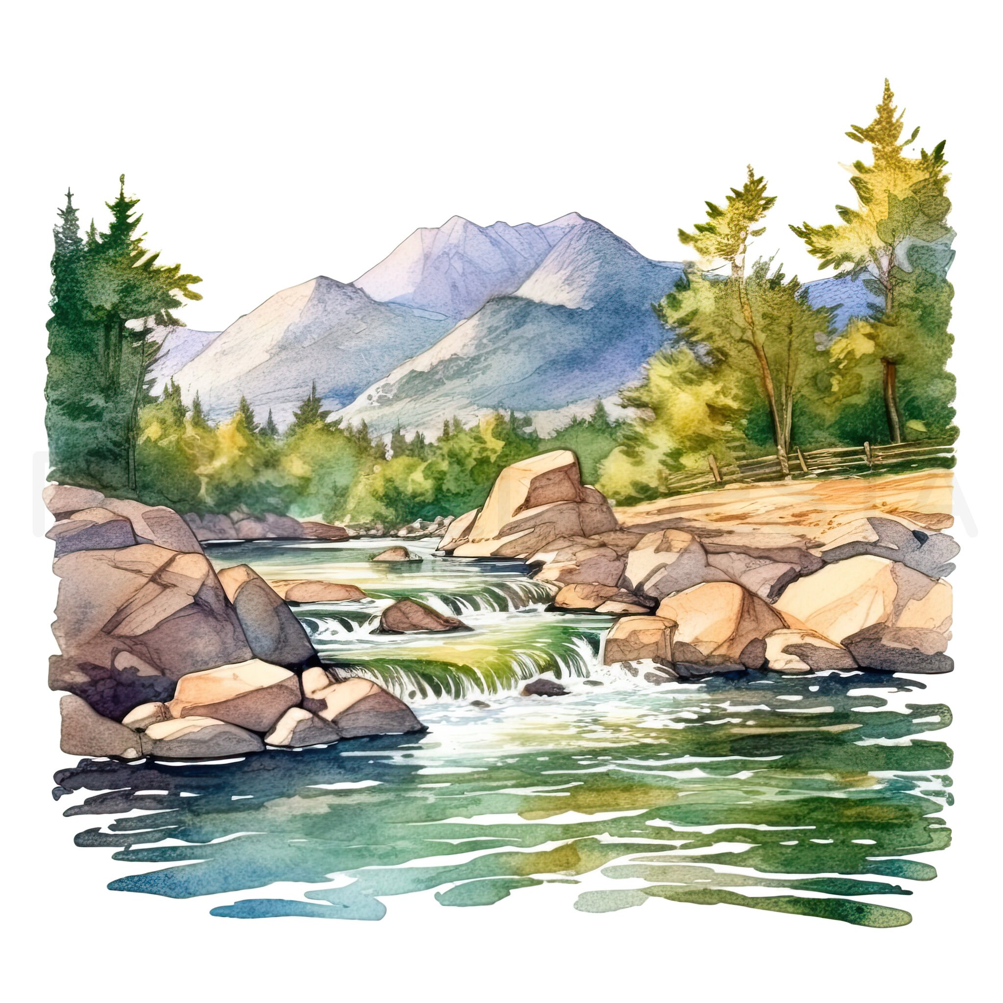 Mountain Stream Clipart, 12 High Quality Jpgs, Printable Watercolor ...