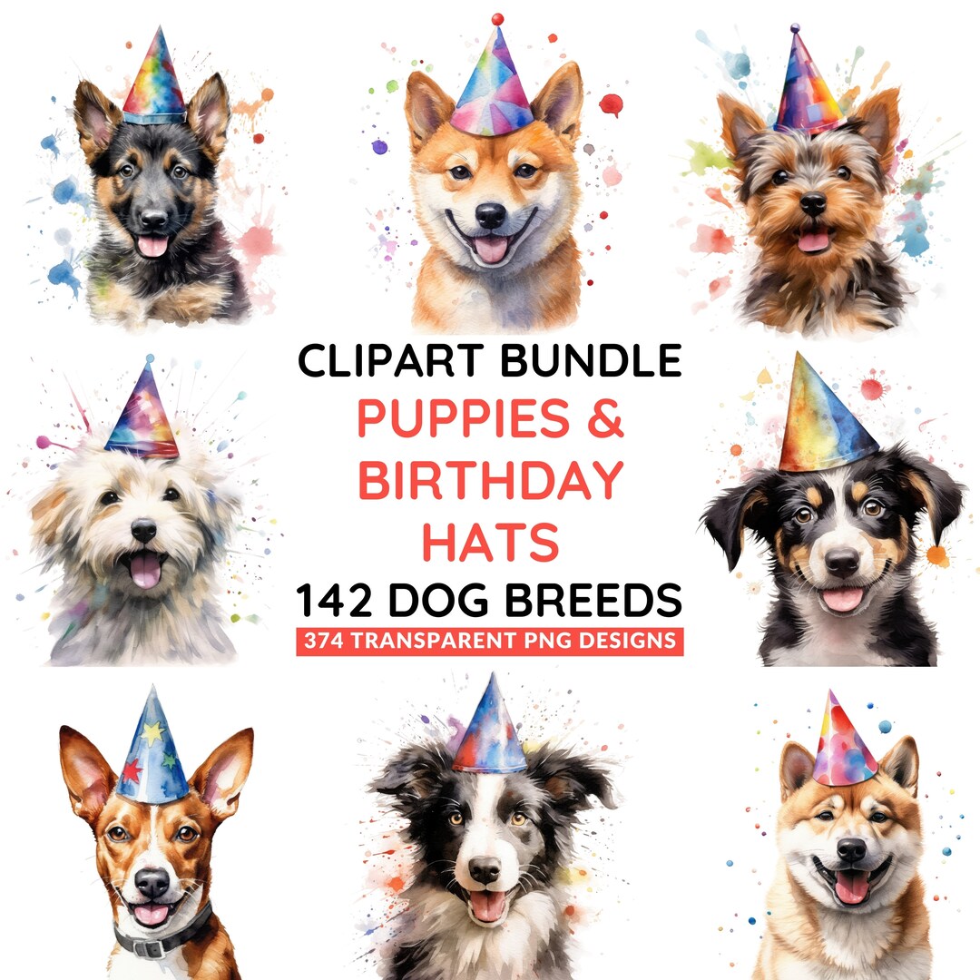 Puppy Clipart Bundle, Puppies With Birthday Hats, Transparent PNG, JPG ...