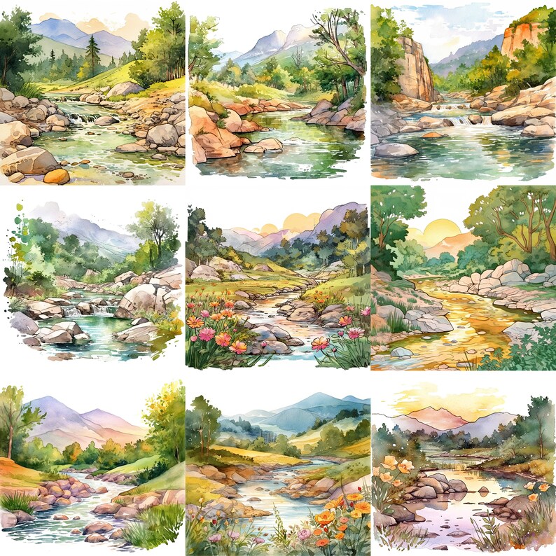 Mountain Brook Clipart, 11 High Quality Jpgs, Printable Watercolor Wall ...