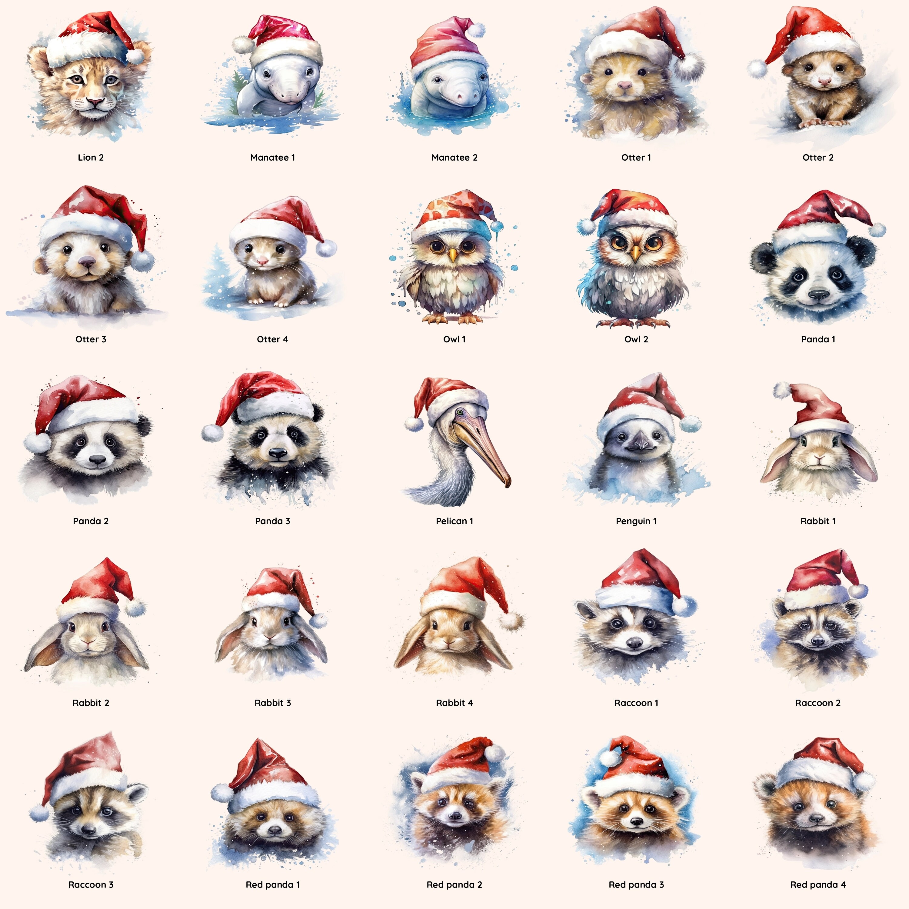 Animals With Santa Hats, Christmas Clipart Bundle, Transparent PNG, JPG ...