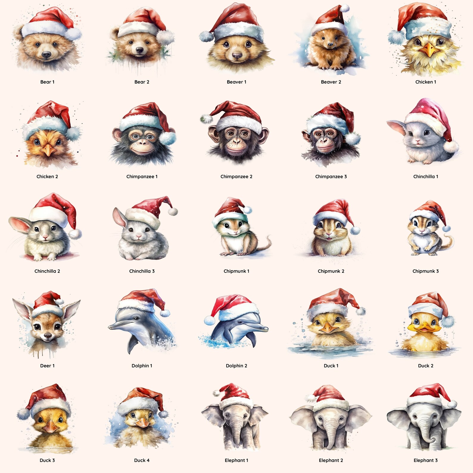 Animals With Santa Hats, Christmas Clipart Bundle, Transparent PNG, JPG ...
