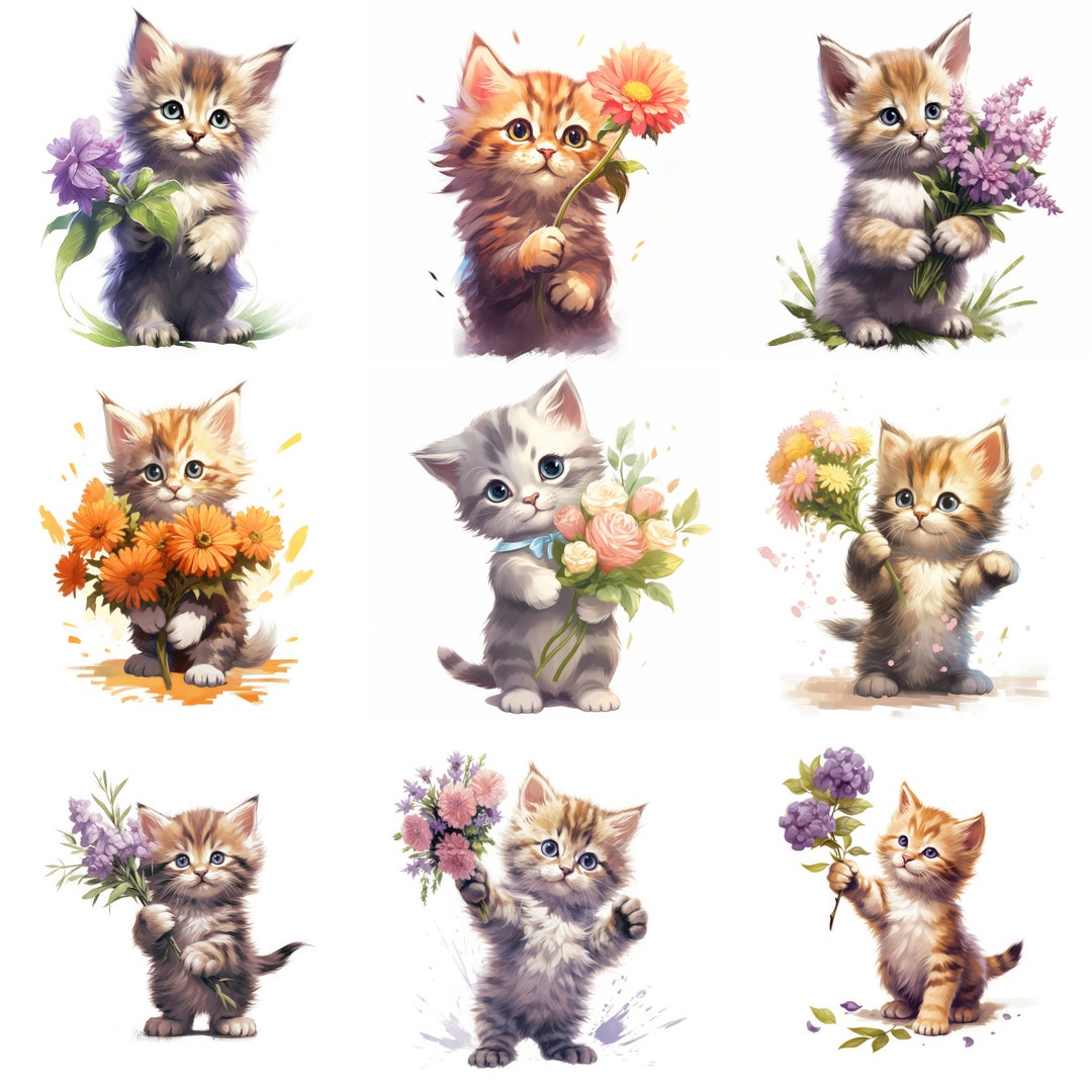 Kitten Handing Flowers Gouache Watercolor Clipart Set 3, Printable Cat ...