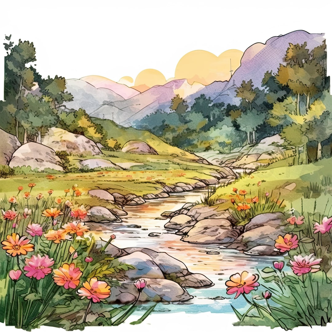 Mountain Brook Clipart, 11 High Quality Jpgs, Printable Watercolor Wall ...