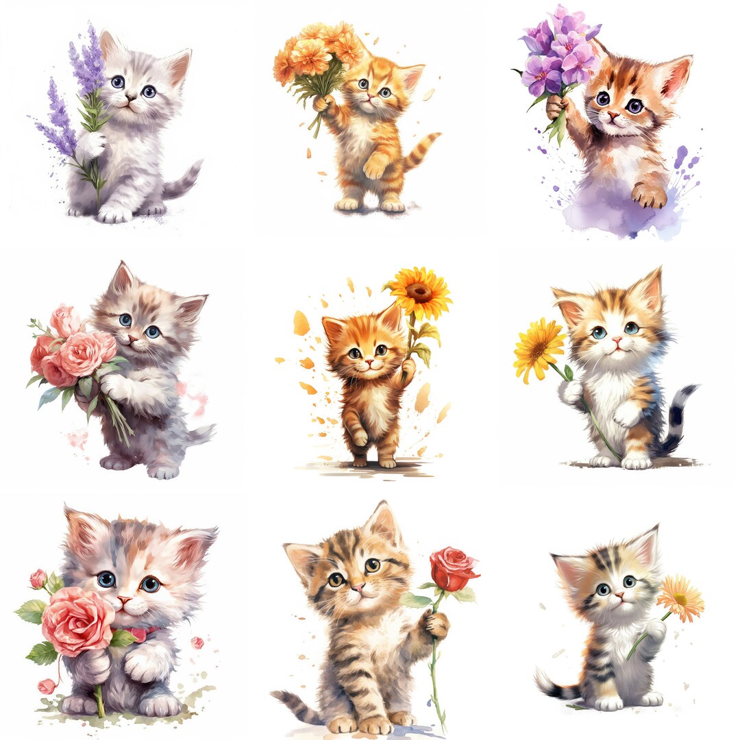 Kitten Handing Flowers Watercolor Clipart Set 1, Printable Cat Card, 12 ...