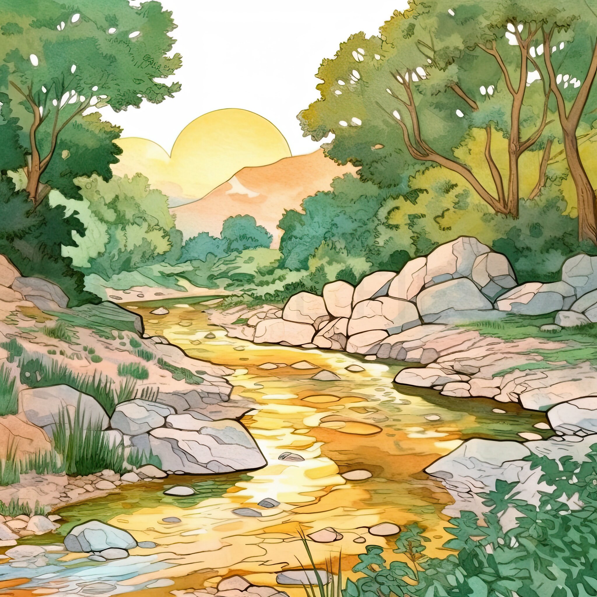 Mountain Brook Clipart, 11 High Quality Jpgs, Printable Watercolor Wall ...