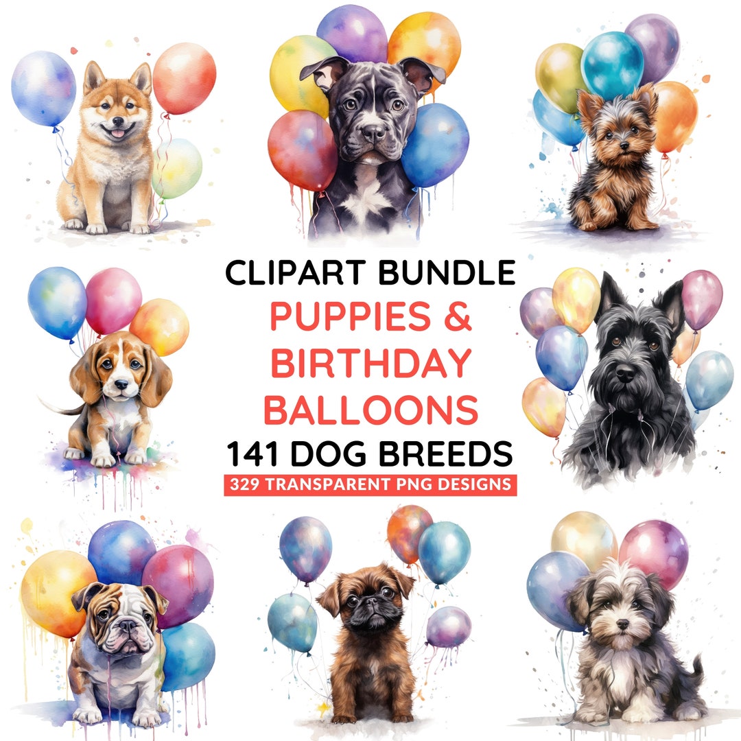Puppy Clipart Bundle, Puppies With Birthday Balloons, Transparent PNG ...