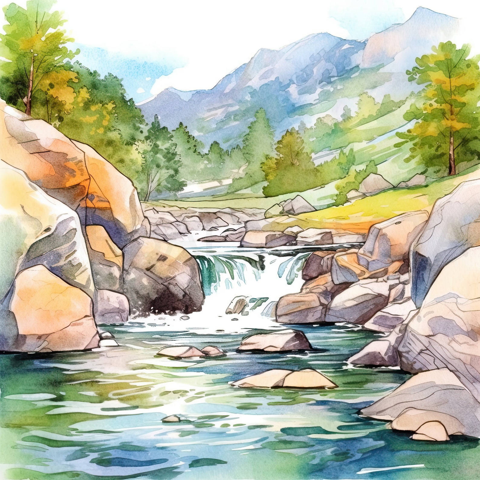 Mountain Stream Clipart, 12 High Quality Jpgs, Printable Watercolor ...