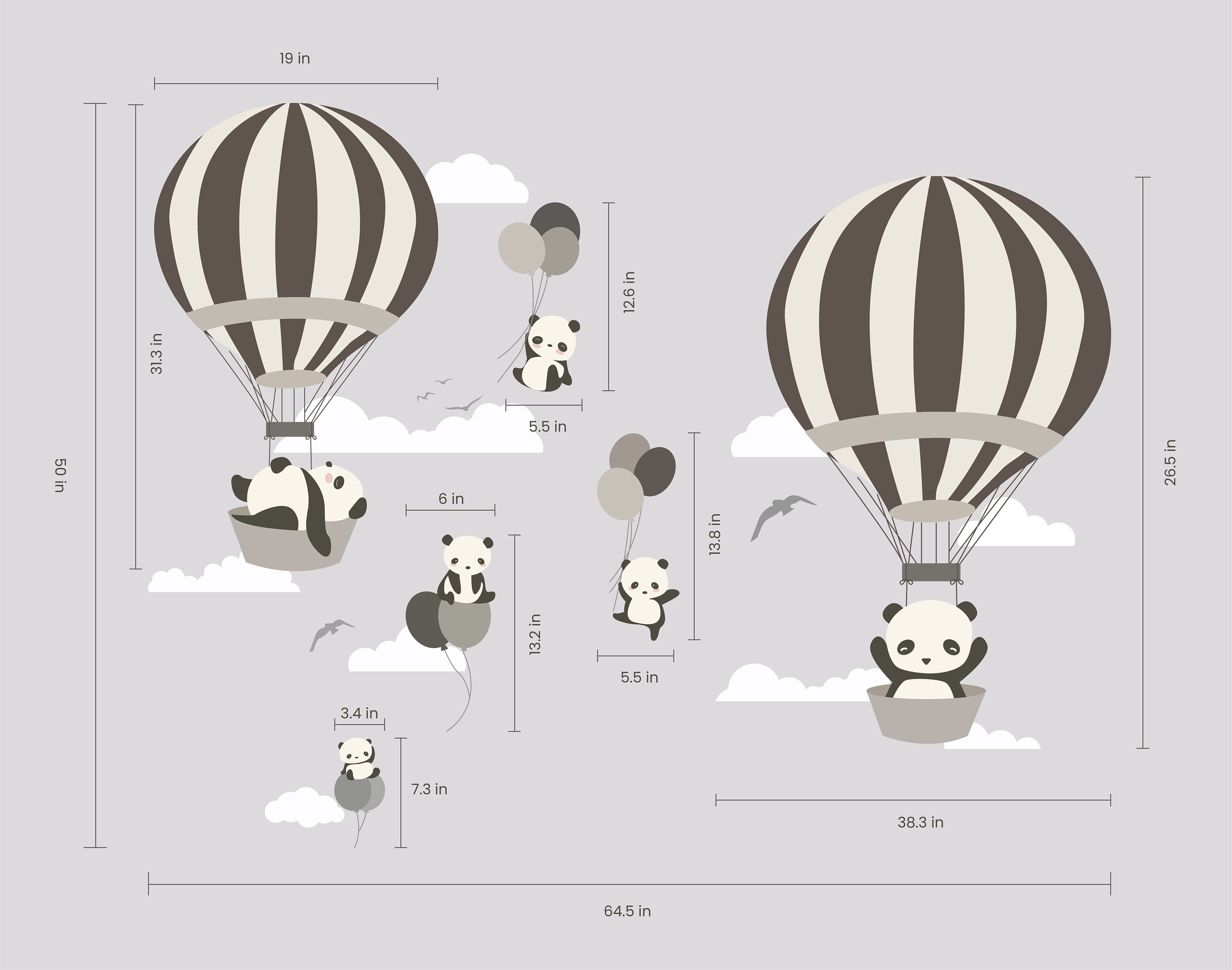 Pandas With Hot Air Balloons Wallpaper Wall Mural for Kids Room Nursery ...