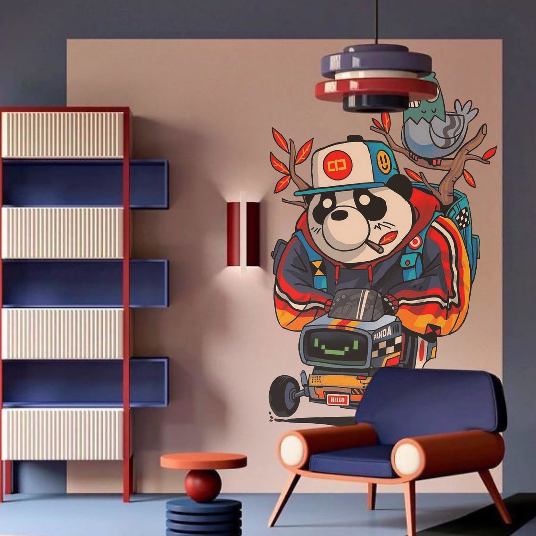 Peel and Stick Wallpaper Panda Army Wall Decal Panda on Bike Cool Panda ...
