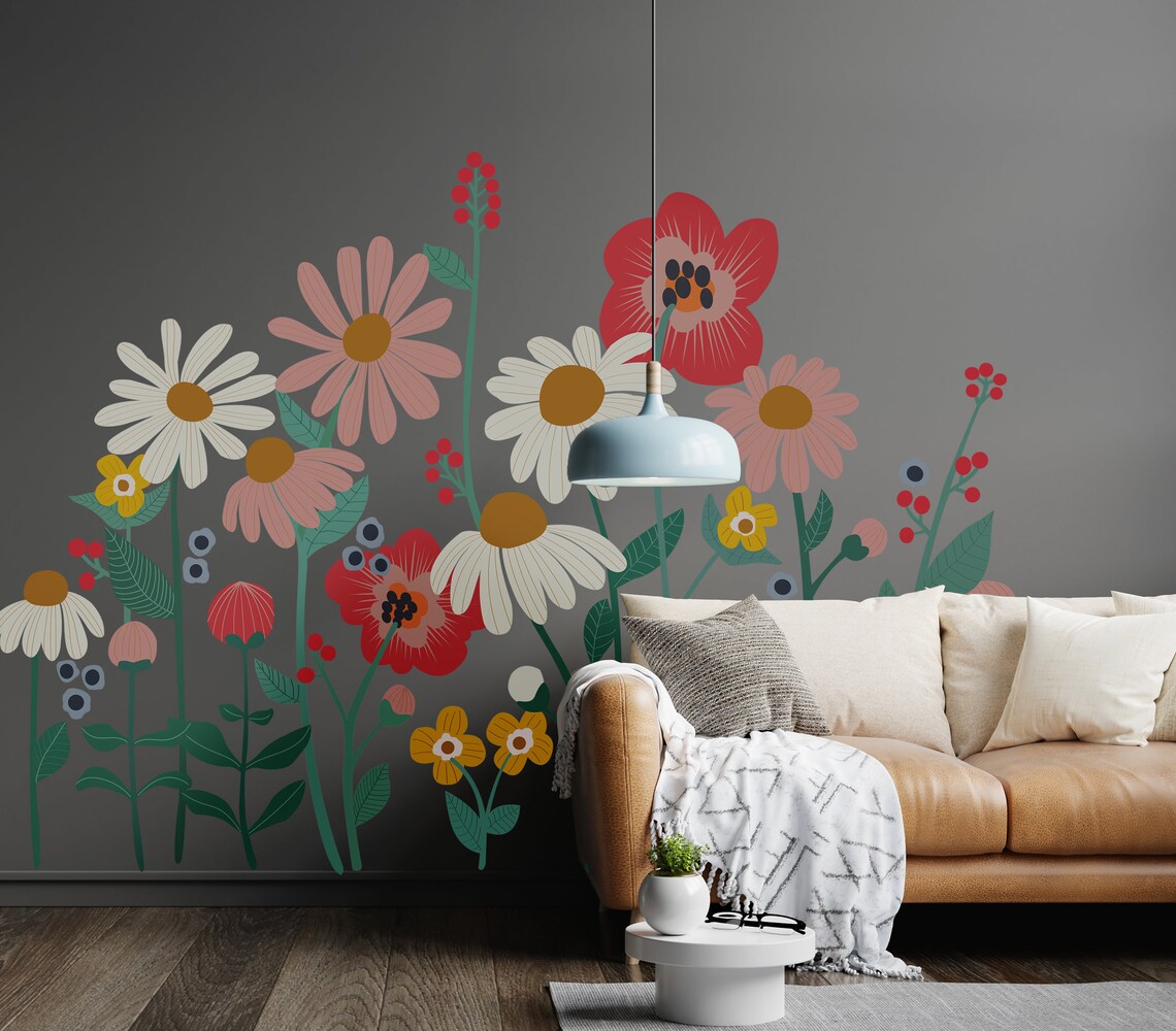 Peel and and Stick Colourful Wild Flowers Wall Decal Floral Sticker for ...