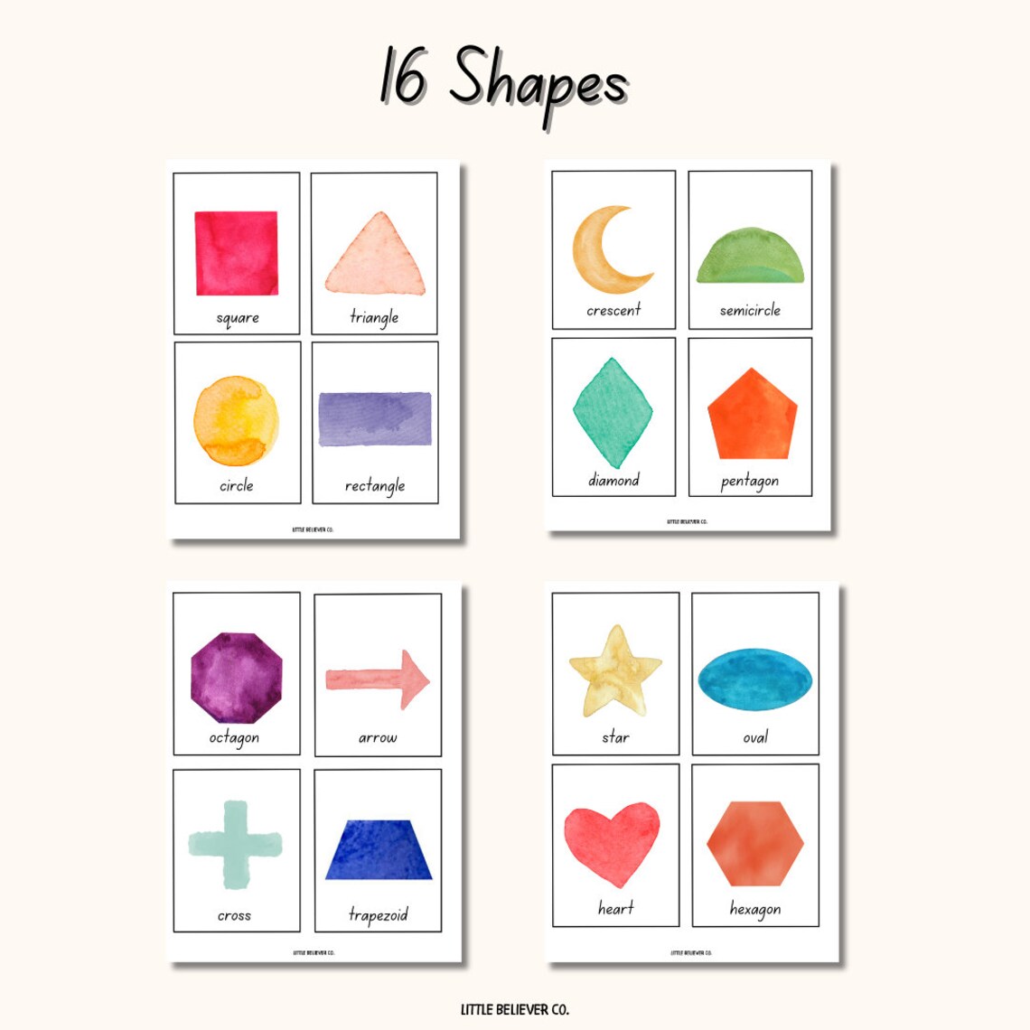 16 Shape Flash Cards Homeschool Preschool Flashcards Shapes Watercolor ...