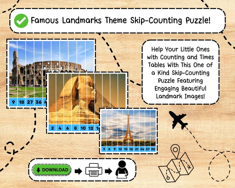 Printable Famous Landmarks Theme Skip Counting Puzzle Times Table Game ...