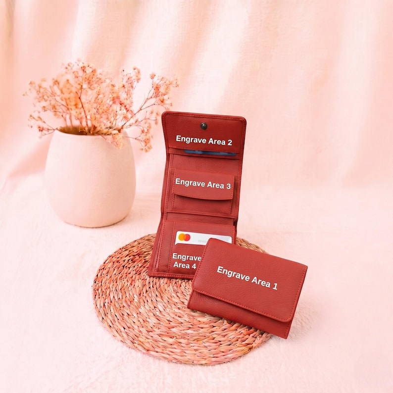 Personalized Red Leather Womens Trifold Wallet Card Holder With Coin ...