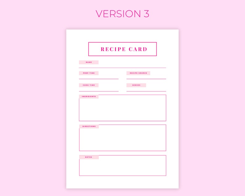 Pink Recipe Card Printable Planner, Kitchen Organization Recipe Cards ...