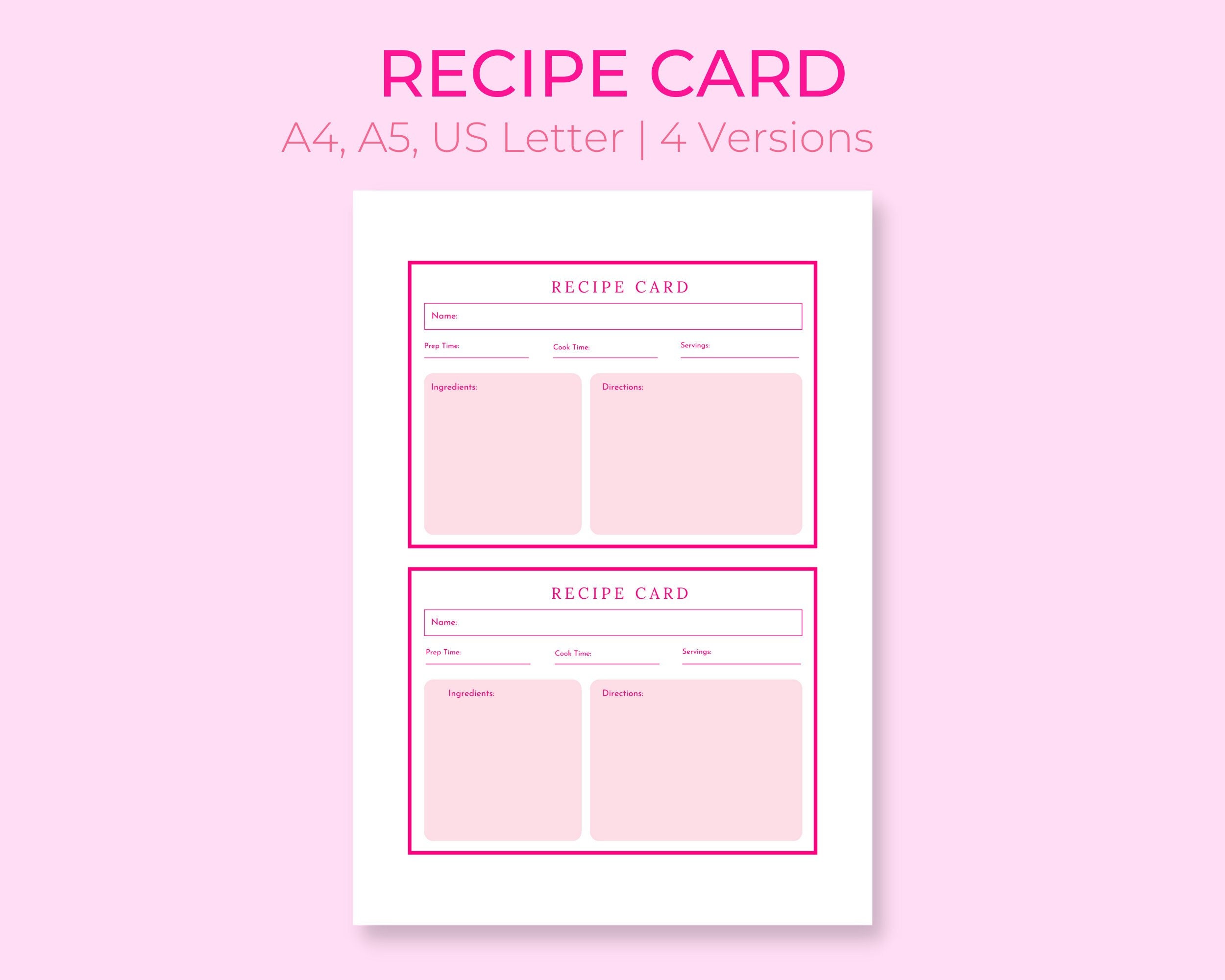 Pink Recipe Card Printable Planner, Kitchen Organization Recipe Cards ...