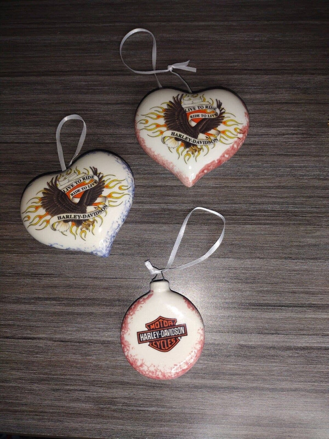 Vintage Harley Davidson Christmas Ornaments Ceramic Heart Shaped Lot of ...