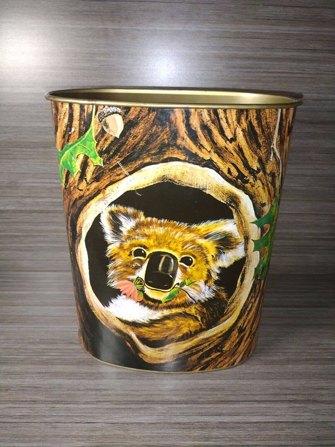 VINTAGE JL CLARK Tin Trash Can Koala Bear in Tree Trunk 6" 1960s ...
