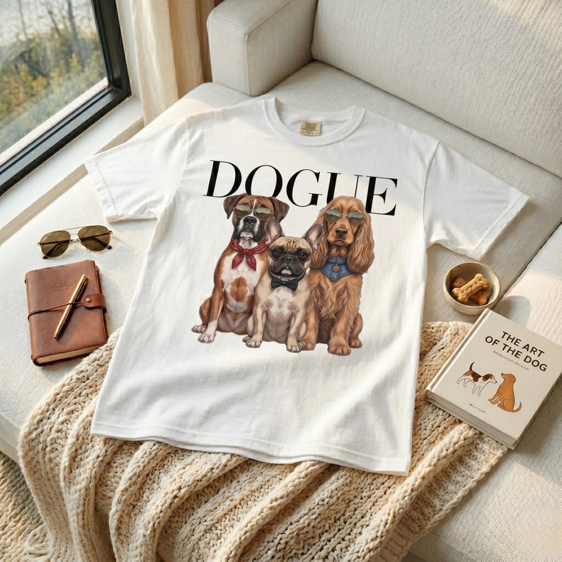 Retro DOGUE Magazine Cover Trio Print Tee Vintage Boxer French Bulldog ...