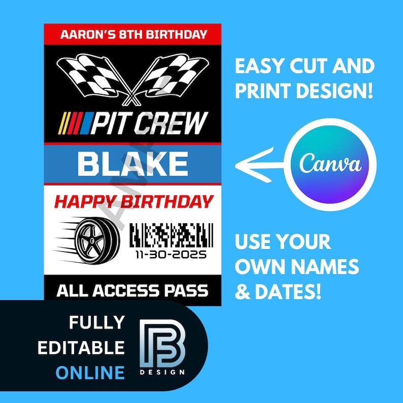Pit Crew Badge Racecar Birthday VIP Pass All Access ID Card Editable ...
