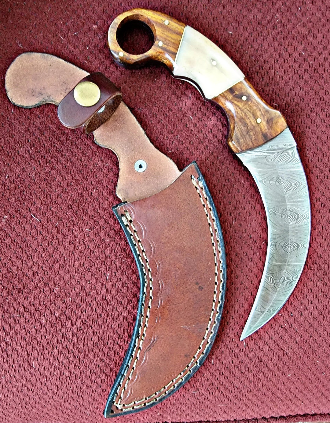 Damascus Professional FULL TANG Dual Edged Karambit Knife. Bone and ...