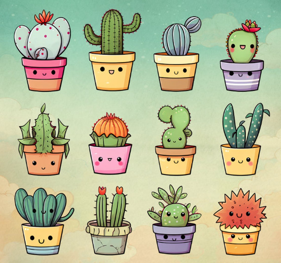 Chibi Cactus Clipart | Cute Cactus Clipart | Kawaii Cactus Clipart | 40 ...