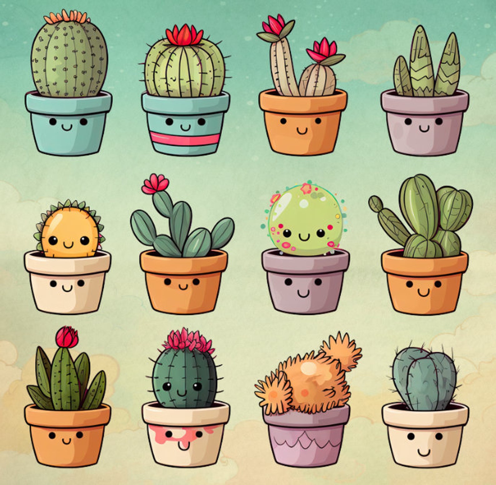 Chibi Cactus Clipart | Cute Cactus Clipart | Kawaii Cactus Clipart | 40 ...