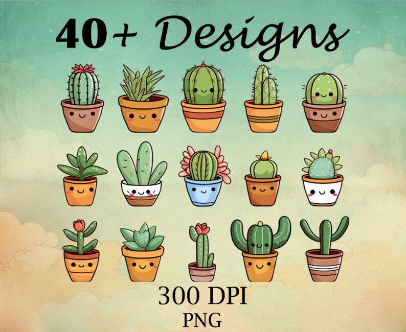 Chibi Cactus Clipart | Cute Cactus Clipart | Kawaii Cactus Clipart | 40 ...