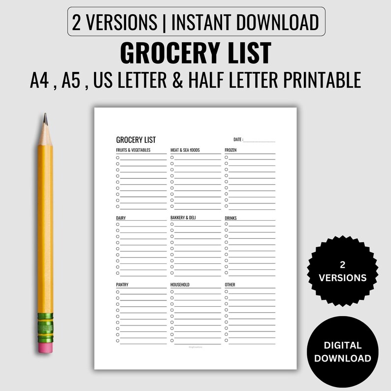 Digital Grocery List Printable Template, Minimalist Grocery Planner ...