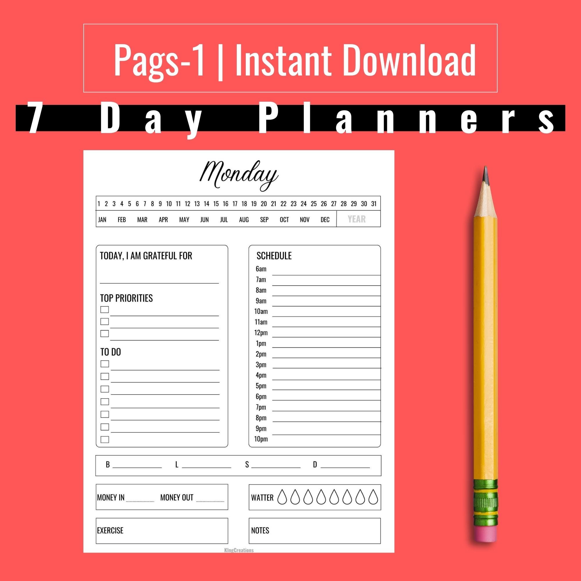 7 Day Planner Printable, Everyday Planner, Daily Organizer Template ...