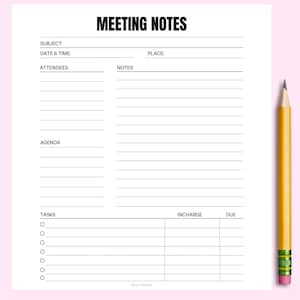 Printable Meeting Notes Template, Printable Business Project Record ...