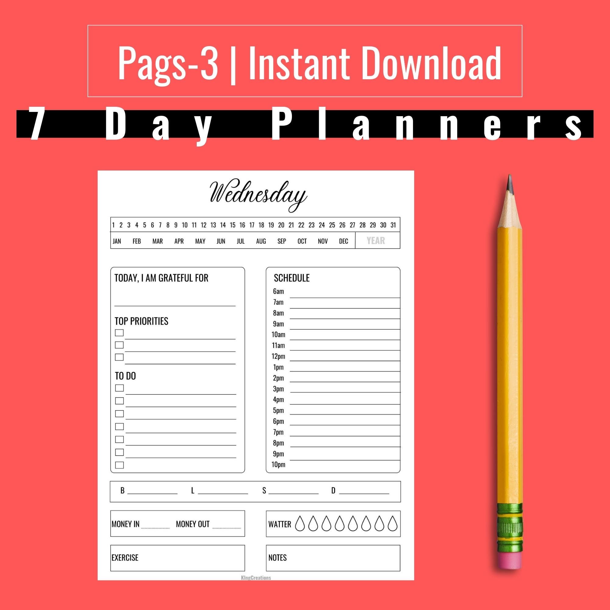 7 Day Planner Printable, Everyday Planner, Daily Organizer Template ...