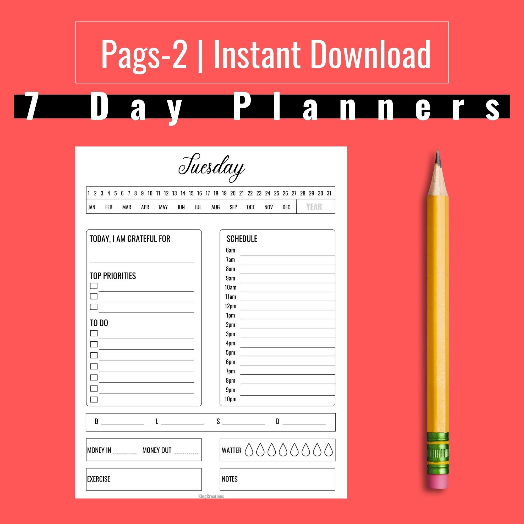 7 Day Planner Printable, Everyday Planner, Daily Organizer Template ...