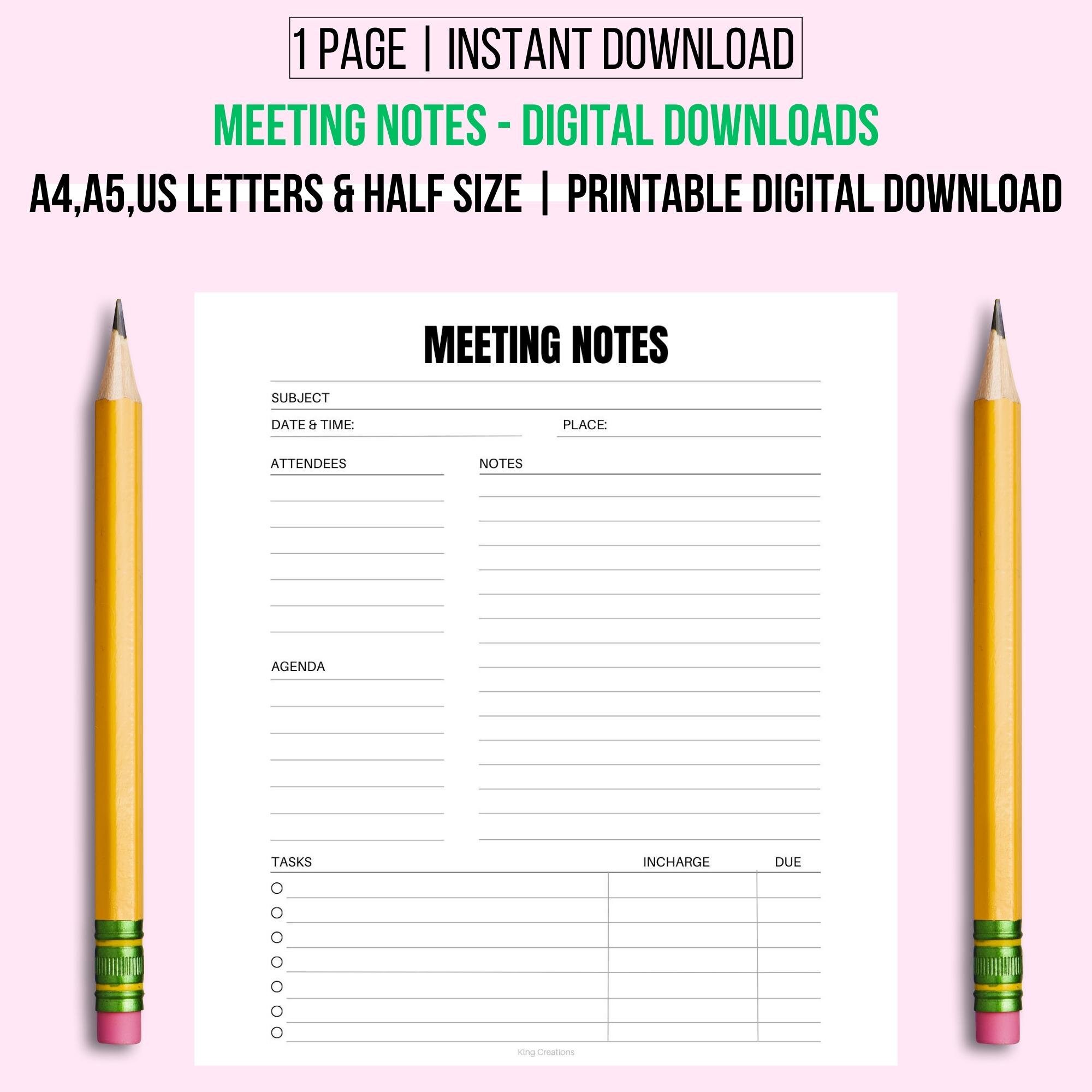 Printable Meeting Notes Template, Printable Business Project Record ...