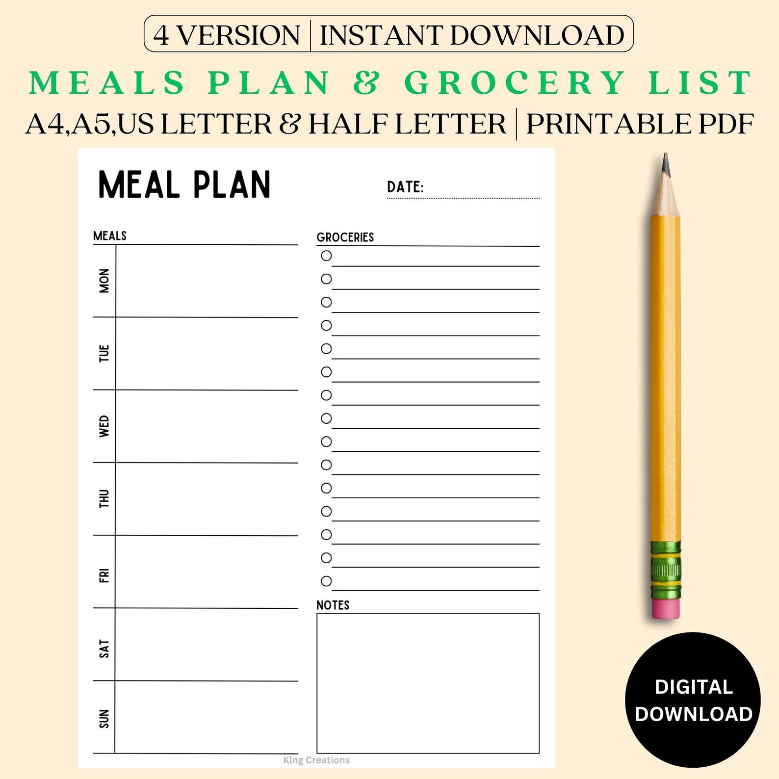 Digital Meal Planner & Grocery List Template, Weekly Printable Kitchen ...
