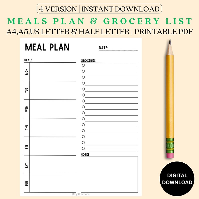 Digital Meal Planner & Grocery List Template, Weekly Printable Kitchen ...