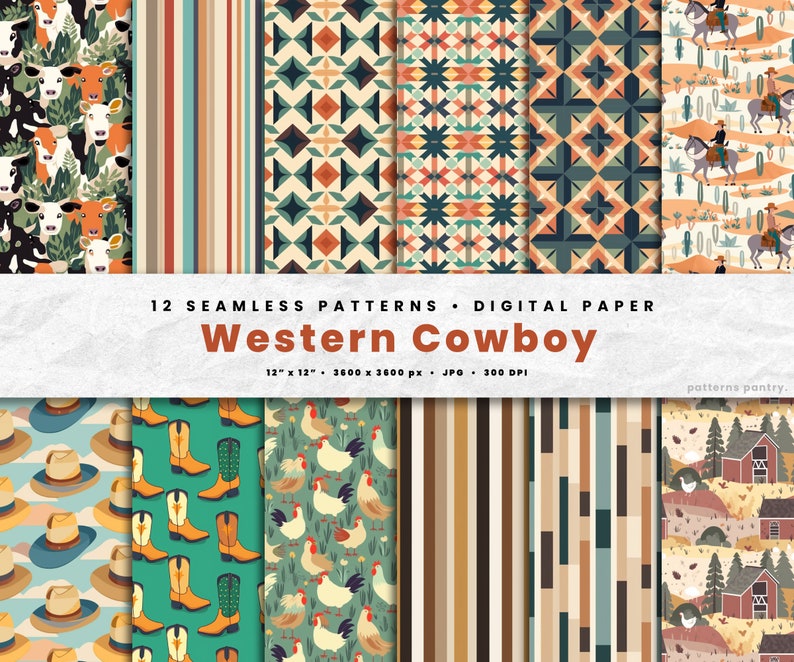 Western Cowboy Seamless Patterns, Instant Download, Digital Paper ...