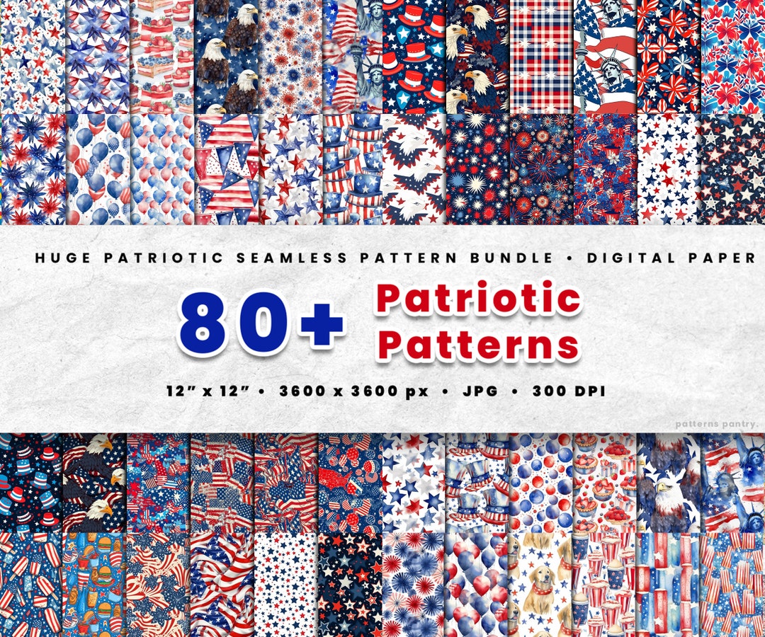 Huge Patriotic Bundle Seamless Patterns USA Party Watercolor Digital ...
