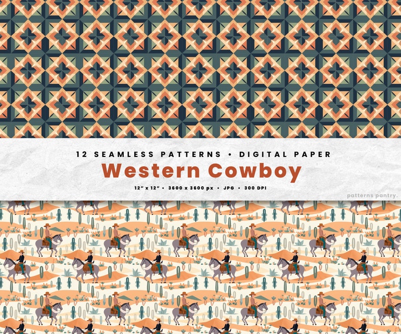 Western Cowboy Seamless Patterns, Instant Download, Digital Paper ...