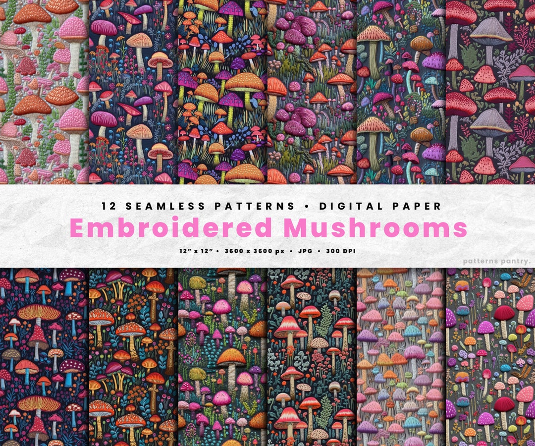 Embroidered Mushrooms Seamless Patterns Instant Download Digital Paper ...