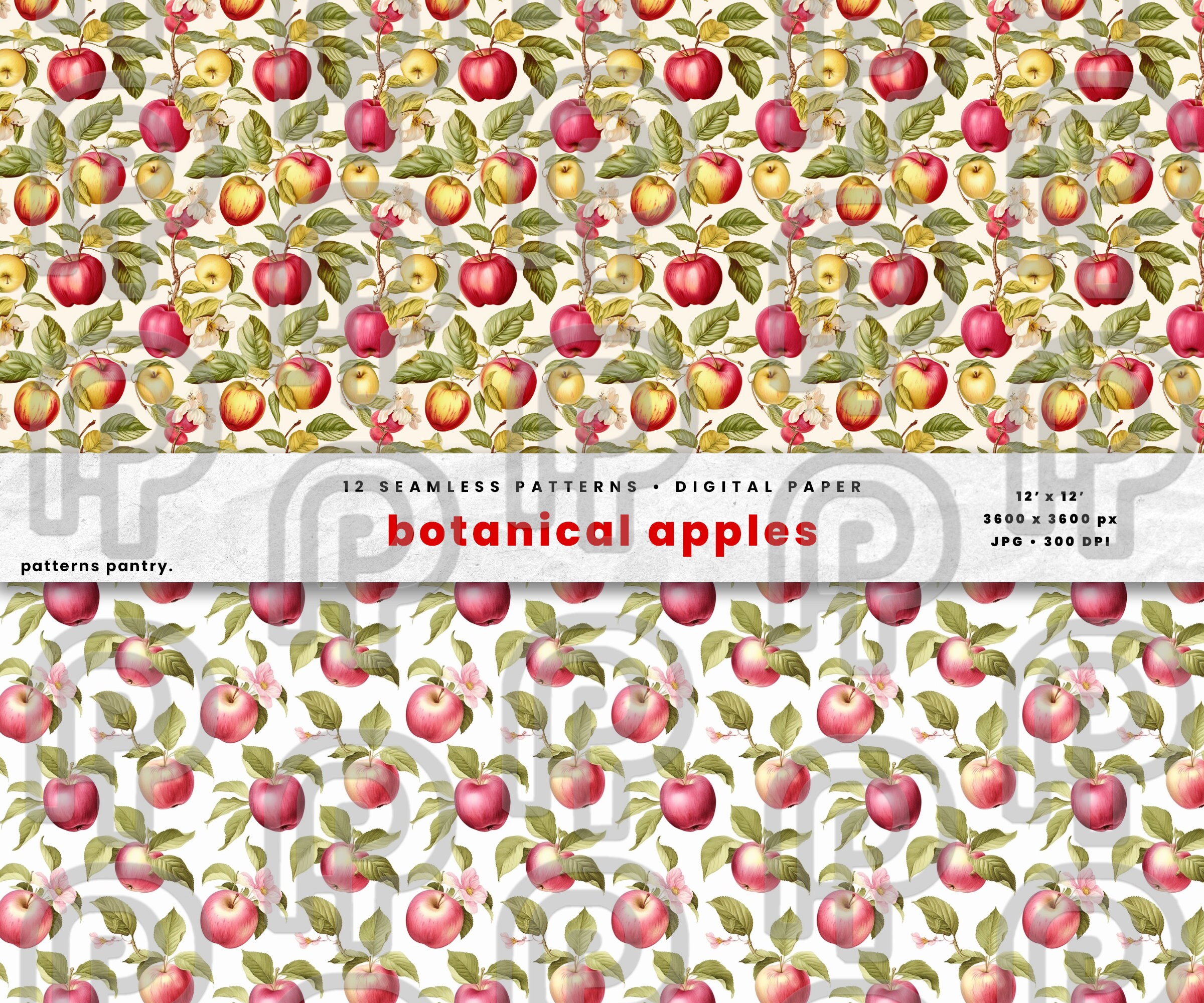 Botanical Apples Digital Paper, Seamless Patterns, Instant Download ...