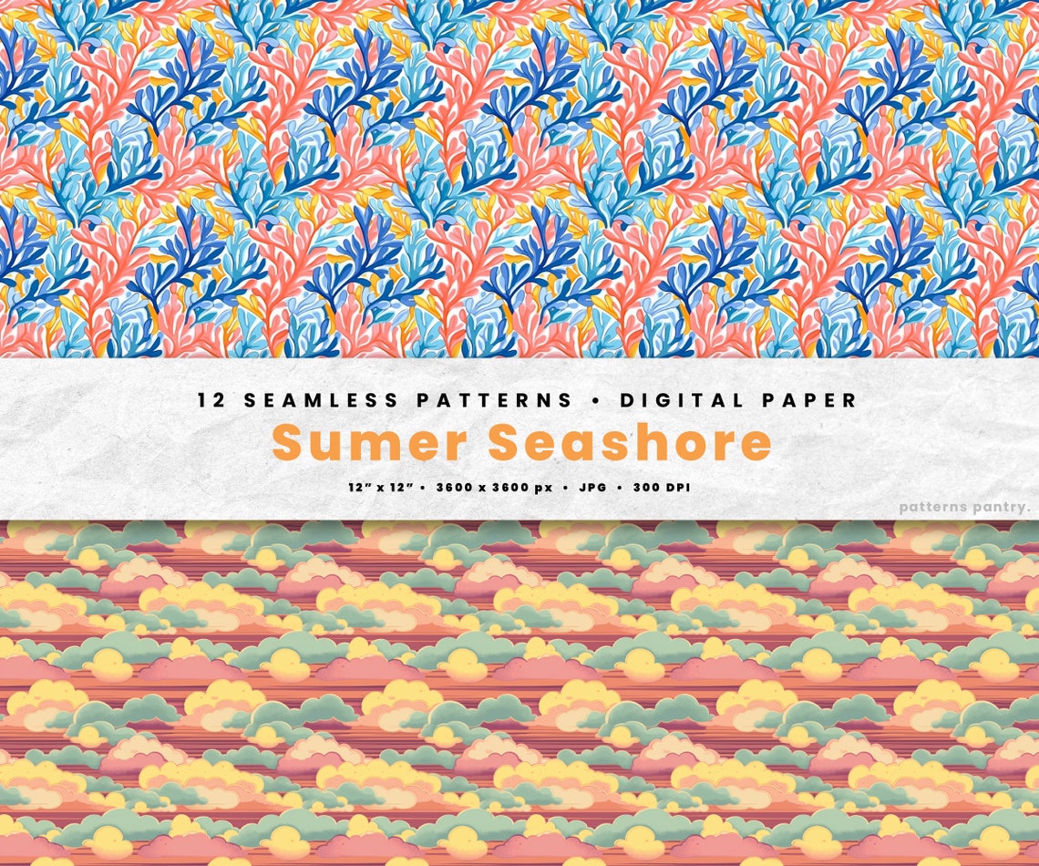 Summer Seashore Digital Paper, Nautical Seamless Patterns, Instant ...