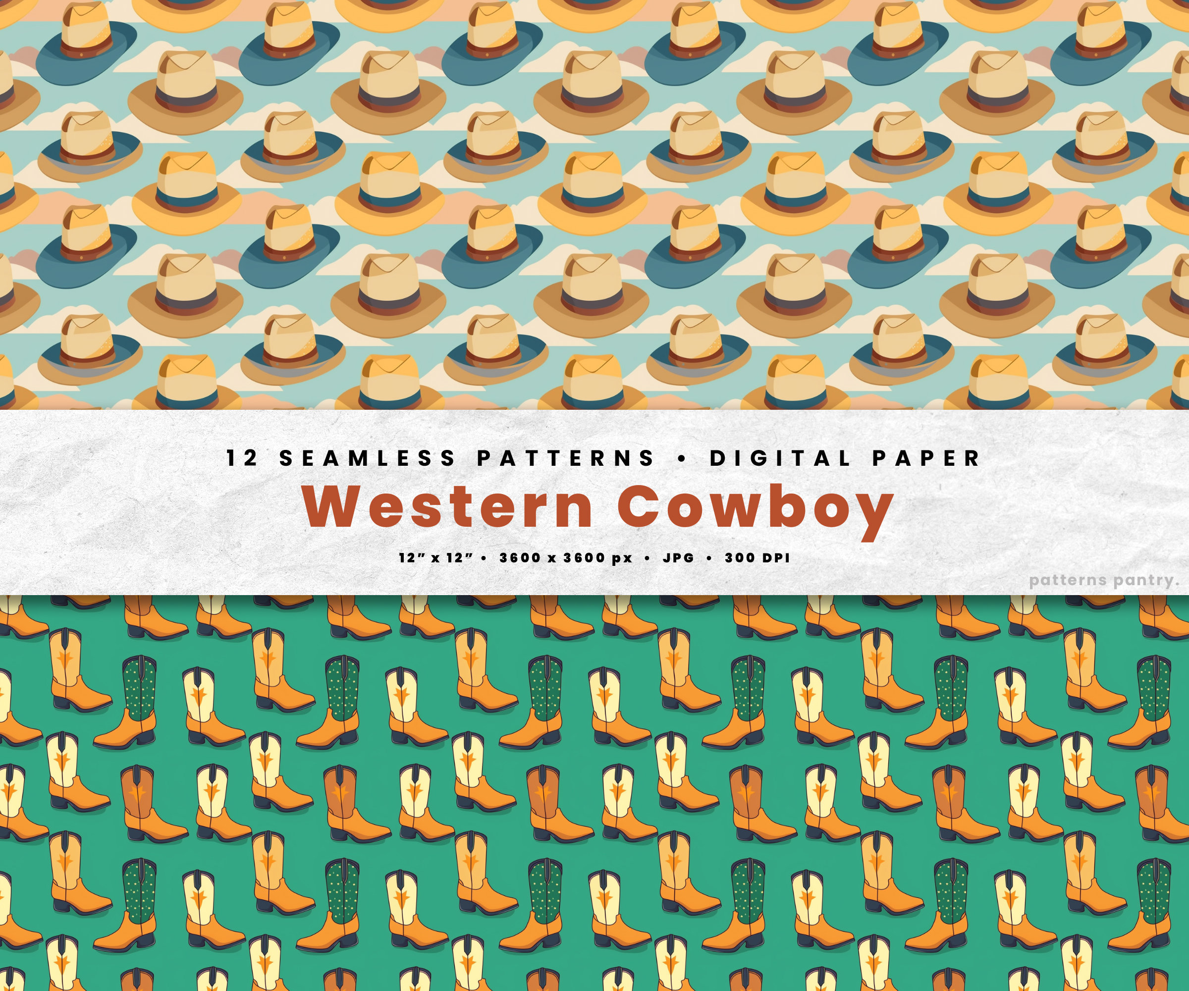 Western Cowboy Seamless Patterns, Instant Download, Digital Paper ...
