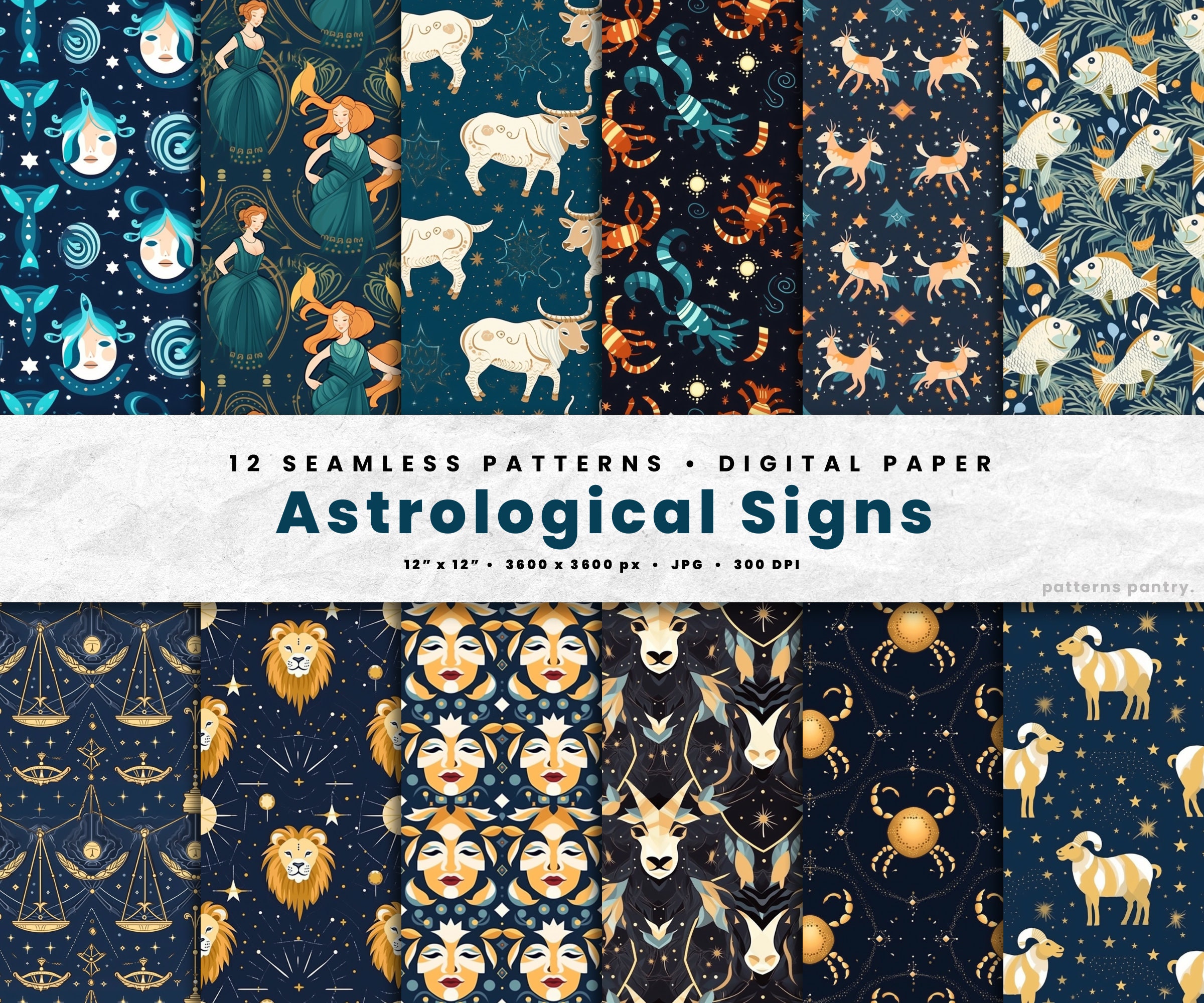Astrological Signs Seamless Patterns, Instant Download, Digital Paper ...