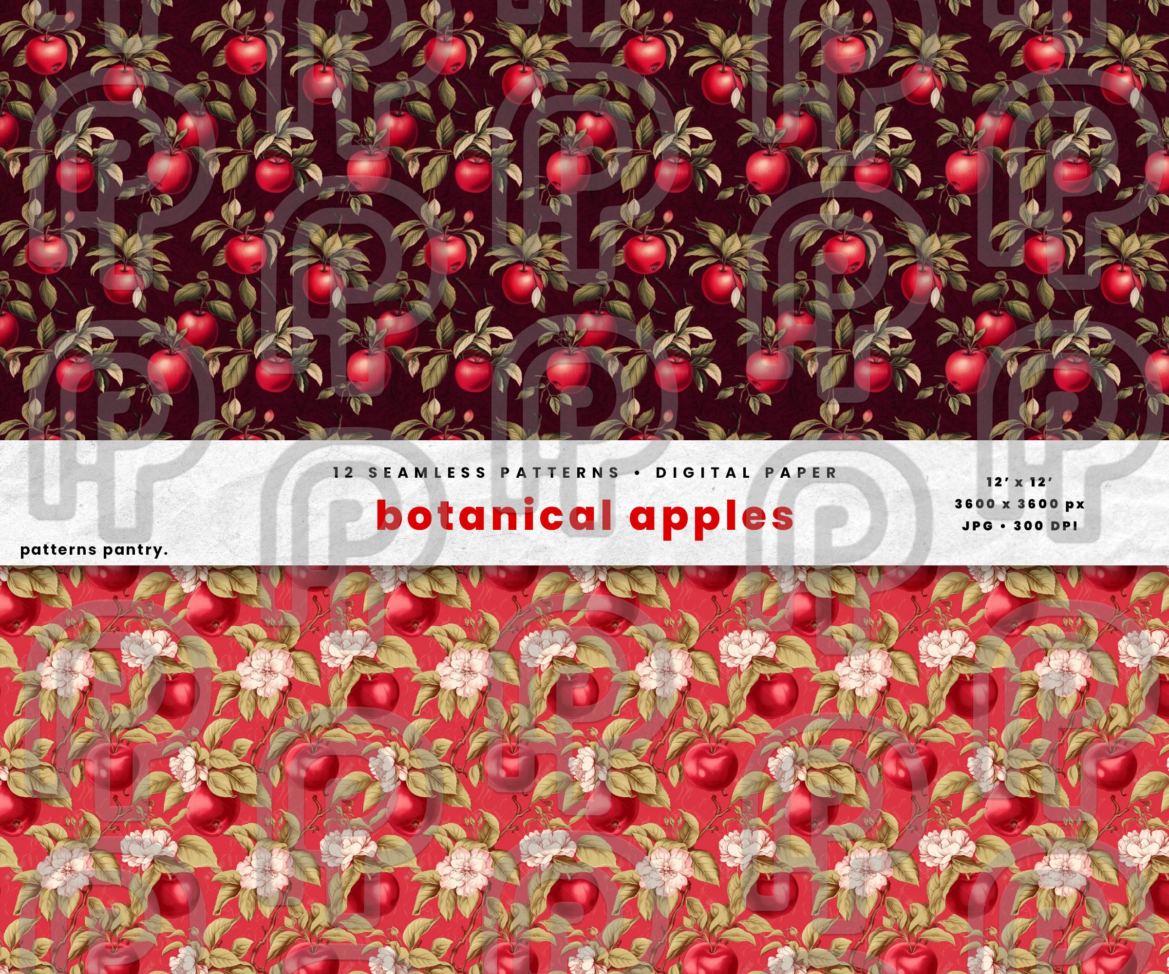 Botanical Apples Digital Paper, Seamless Patterns, Instant Download ...